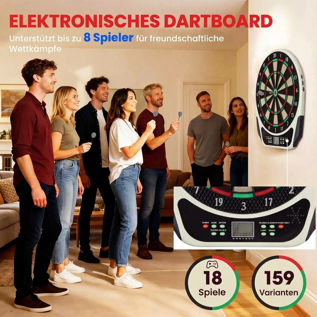 HOMCOM Elektronický šipkový terč, šipky s LCD displejem, 6 šipek, 24 šipkových hlaviček, 18 her, 159 možností zásahu, pro 8 hráčů