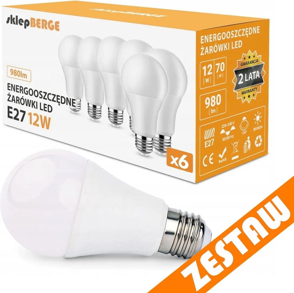 BERGE SADA 6x LED žárovka E27 12W - studená bílá