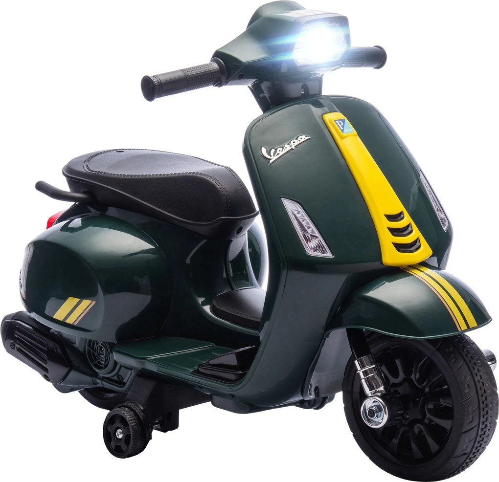 AIYAPLAY Dětská elektrická motorka s licencí Vespa, dobíjecí baterie 6V, pomocná kolečka a světlo, 2–6 let, tmavě zelená
