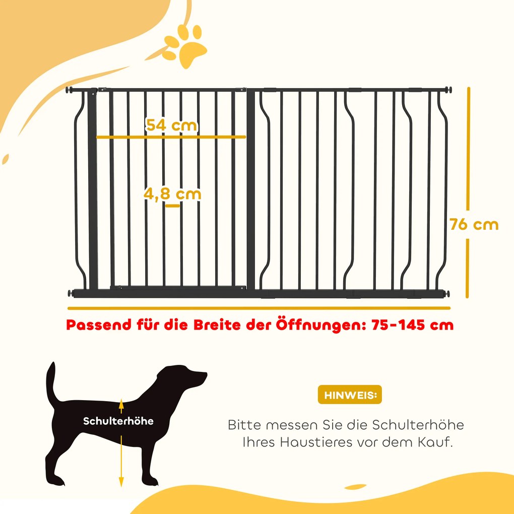 Bezpečnostní branka pro psy PawHut, 75-145 cm, nastavitelná, otevírání do dvou směrů, dvojité zamykání, montáž bez vrtání, ABS, ocel, černá| Aosom