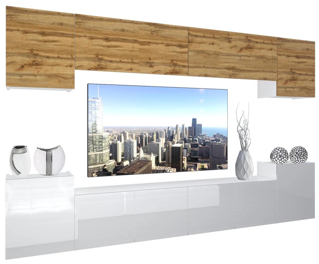 Obývací stěna Belini Premium Full Version dub wotan / bílý lesk + LED osvětlení Nexum 60