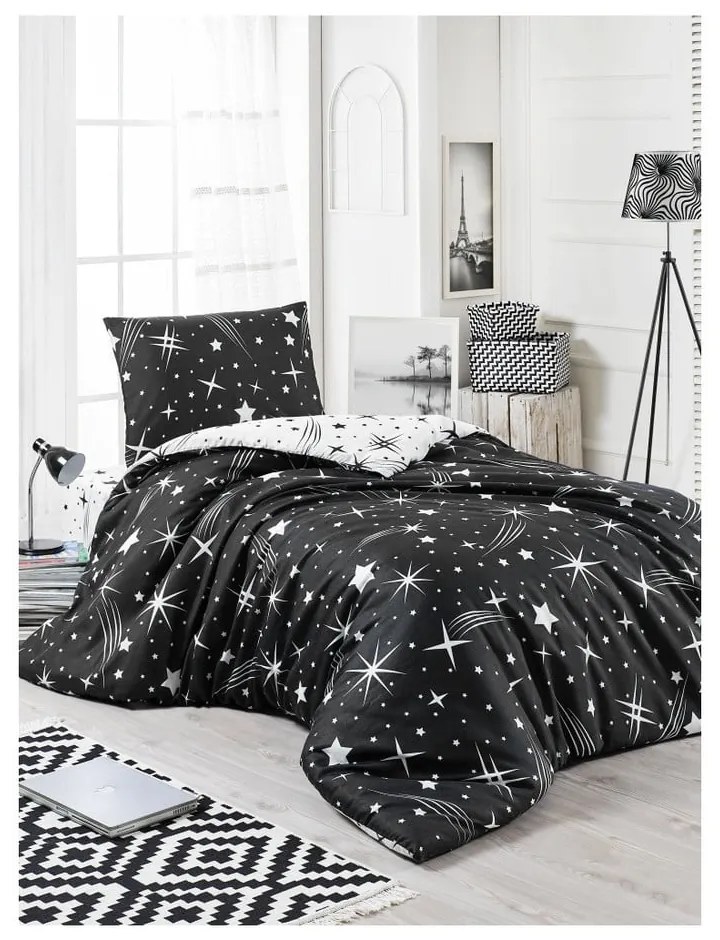 Černé povlečení s prostěradlem na jednolůžko Starry Night, 160 x 220 cm