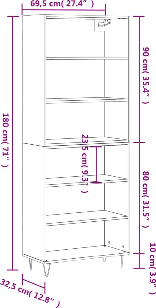 vidaXL Skříň 69,5 x 32,5 x 180 cm kompozitní dřevo [3189569] Barva: dub sonoma