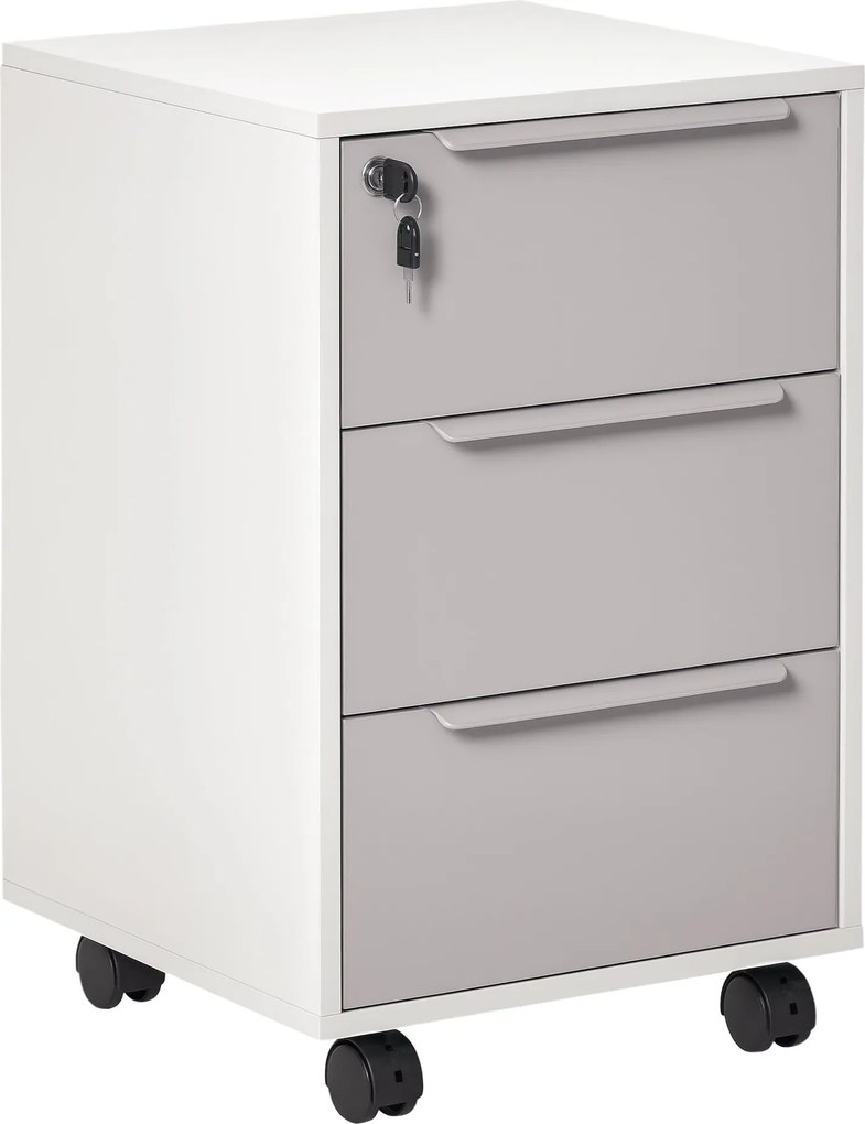 HOMCOM zásuvková jednotka se 3 zásuvkami – kancelářský file cabinet s kolečky, zámkem a 2 klíči pro domácí kancelář 40x40x63,5 cm bílá a šedá | Aosom