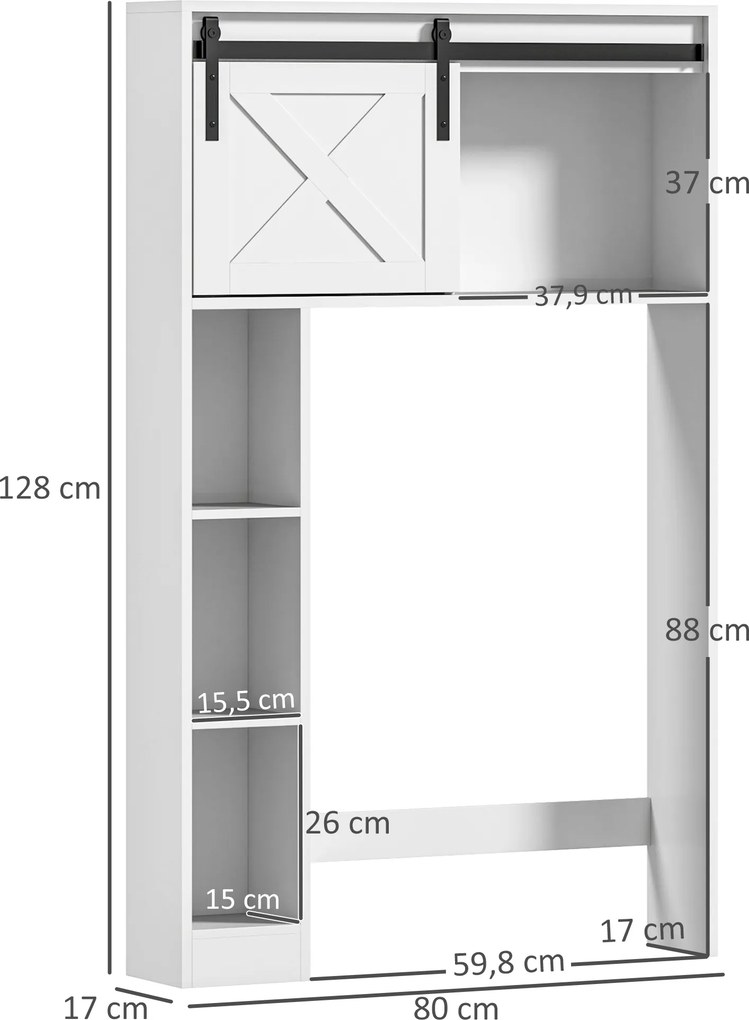 HOMCOM Úložný kabinet nad záchod s posuvnými dveřmi, přihrádkami a nastavitelnou policí, bílý