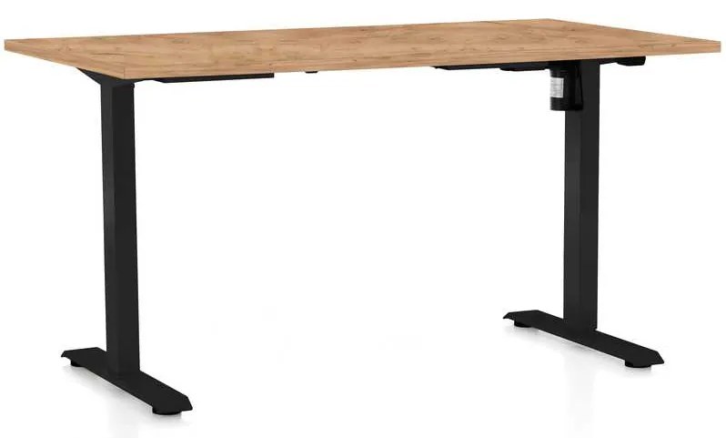 Výškově nastavitelný stůl OfficeTech A, 140 x 80 cm, černá podnož, dub kraft