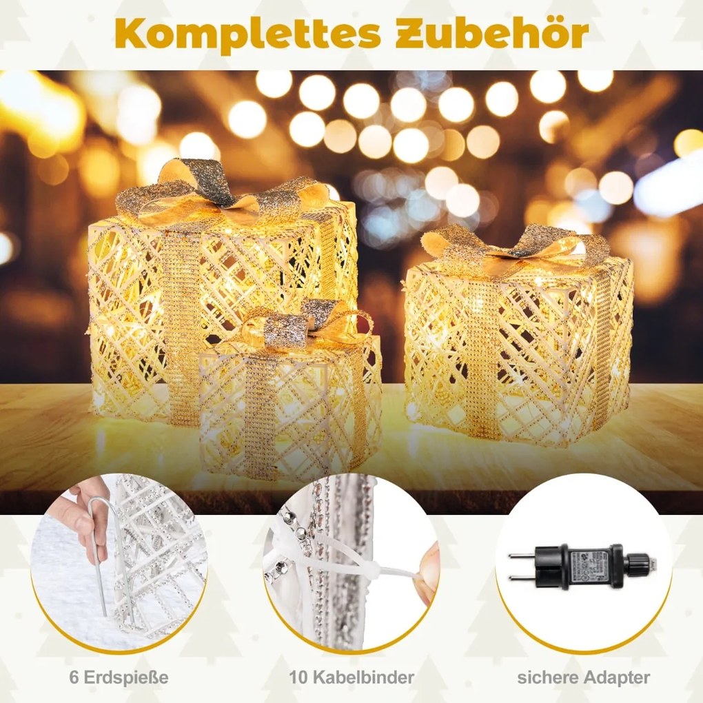 Costway Sada 3 dárkových krabiček LED s 48 Teplými bílými LED světly