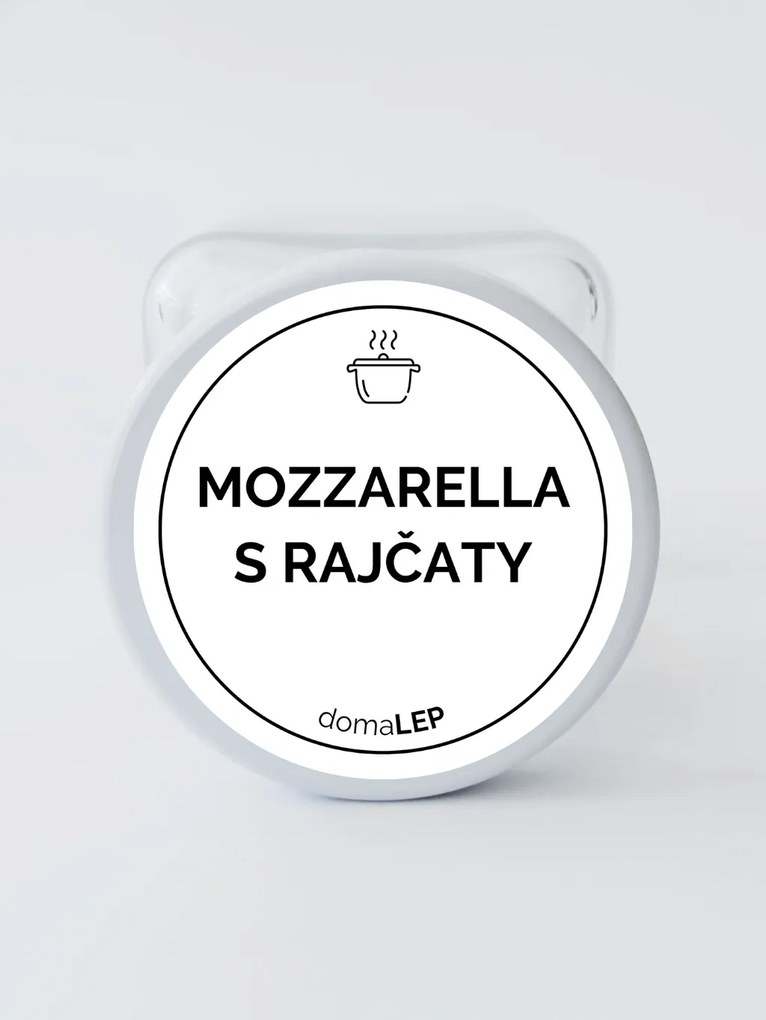 Samolepka na kořenky MOZZARELLA S RAJČATY bílá 5 cm tučné písmo
