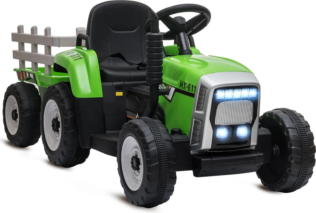 HOMCOM Elektrický traktor s přívěsem, dětské elektrické autíčko na dálkové ovládání, dětský traktor s funkcí MP3, světlomety