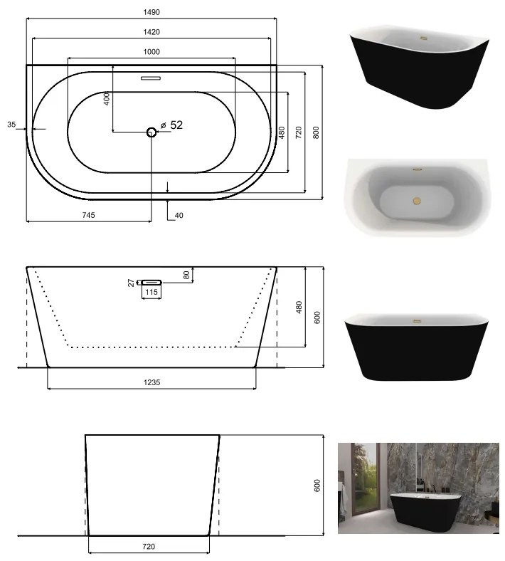 Besco Vica New B&W volně stojící vana se štěrbinovým přepadem, mat Délka vany: 160cm