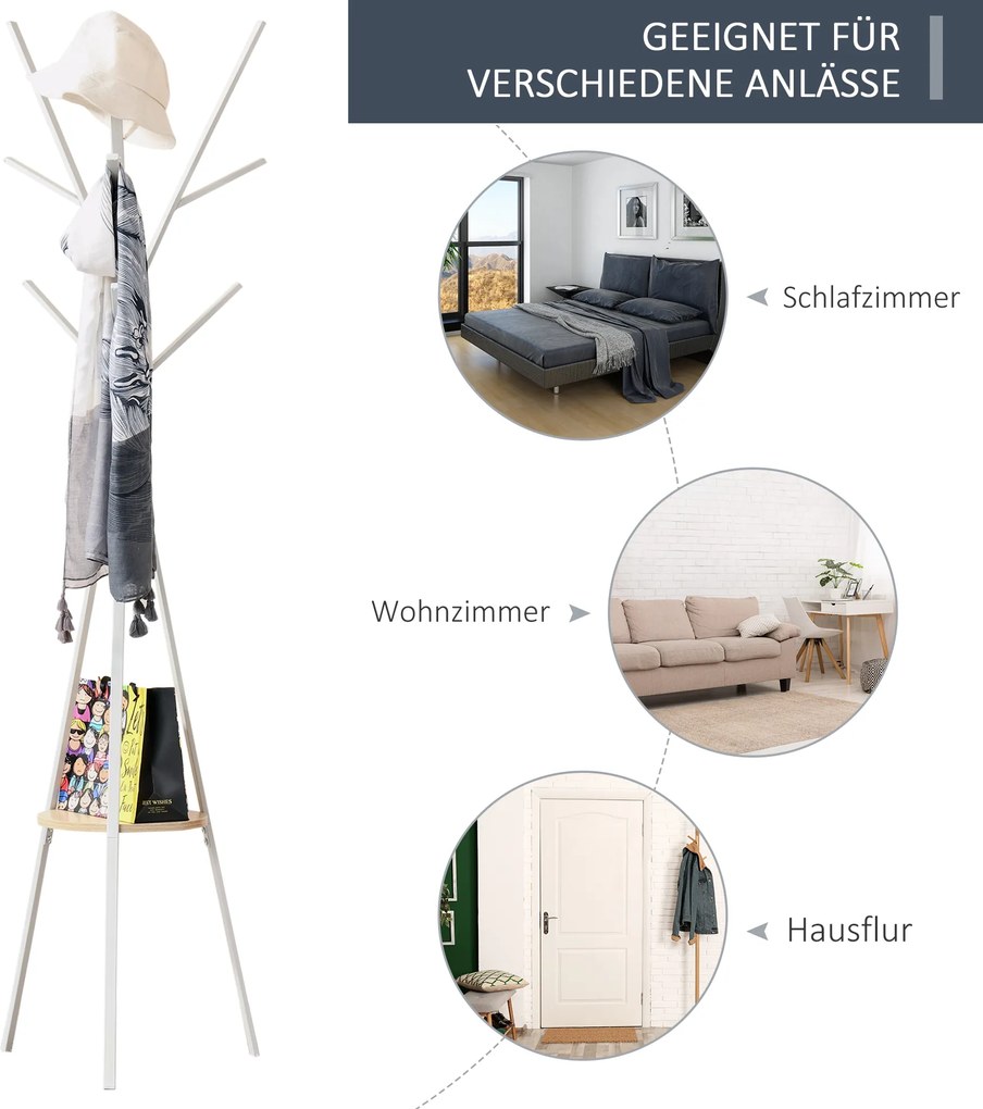 HOMCOM Věšák na kabáty Stojanový věšák do předsíně Bílý kov 45x45x180cm pro pořádek v předsíni | Aosom.de