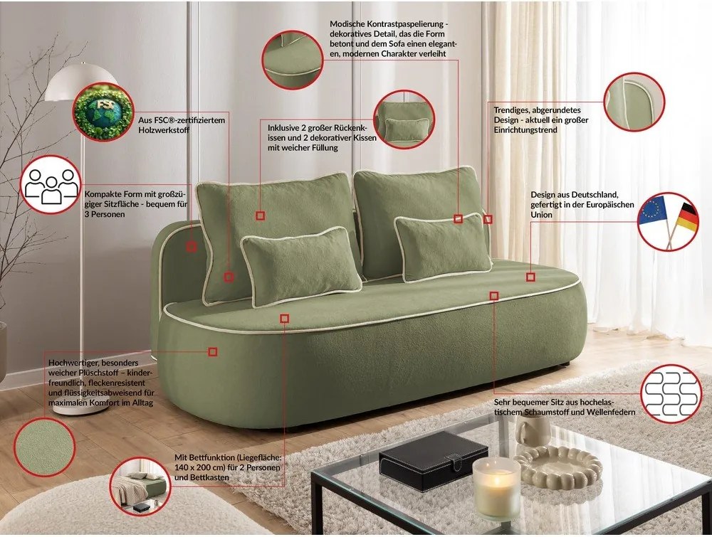 Khaki/béžová sametová rozkládací/s úložným prostorem pohovka 210 cm Saga – Ropez