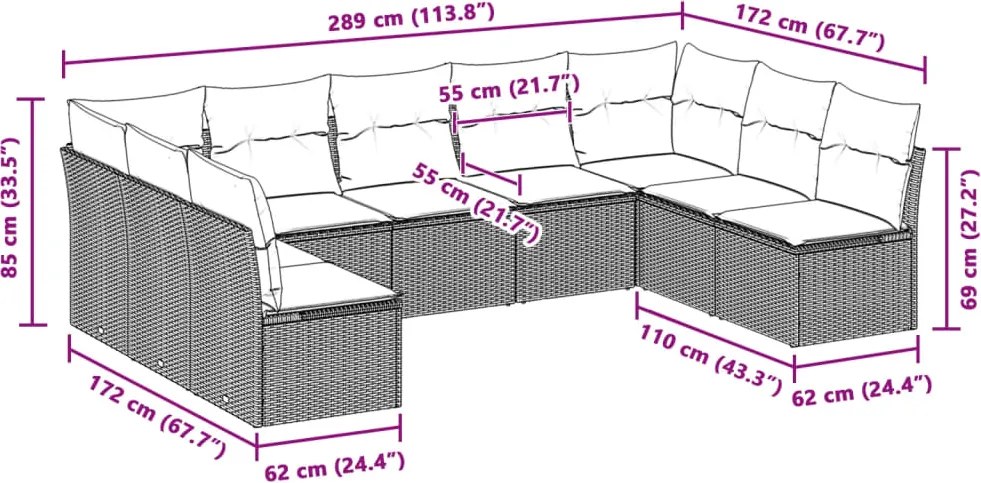 9dílná zahradní sedací souprava a podušky světle šedá polyratan 3218072