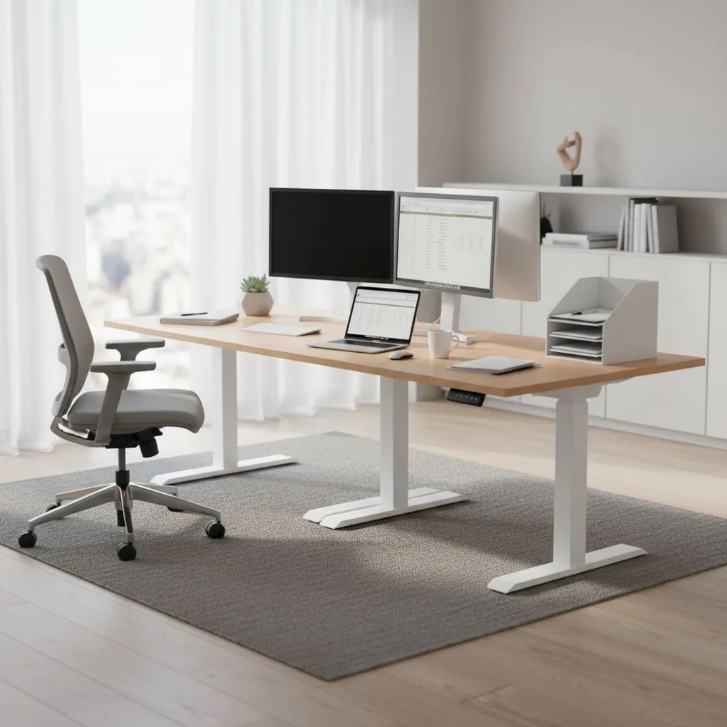 Výškově nastavitelný stůl OfficeTech Long, 260 x 80 cm, bílá podnož, buk