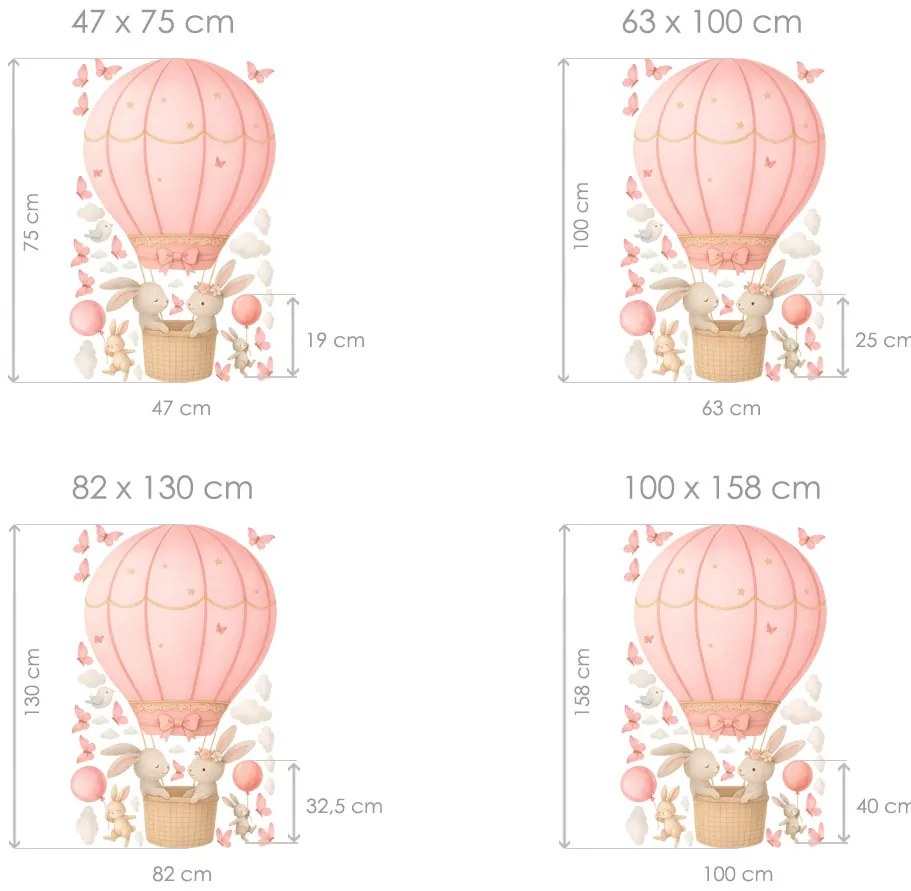 Zajíčci v růžovém balónu samolepky na zeď arch 82 x 130 cm