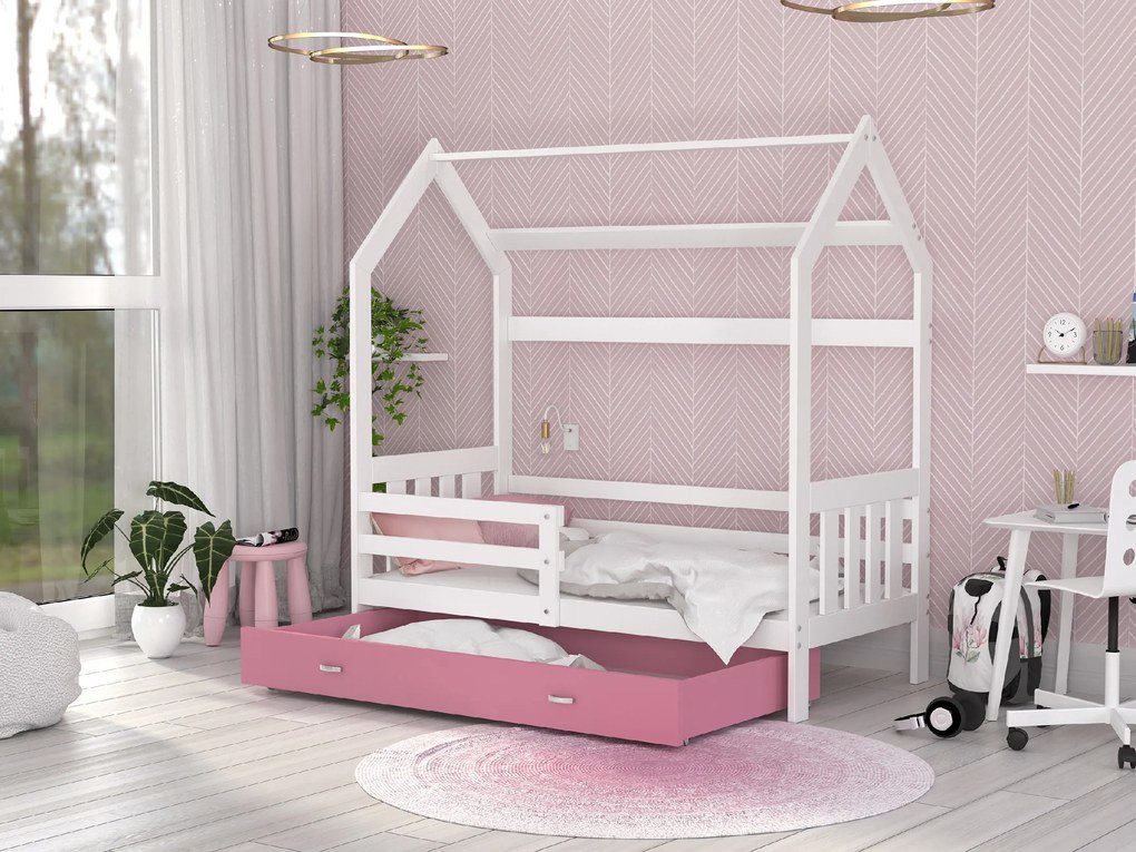 BabyBeds Dětská postel domeček se zábranou a úložným prostorem bílá Velikost postele: 160x80 cm, Barva šuplíku: Růžová