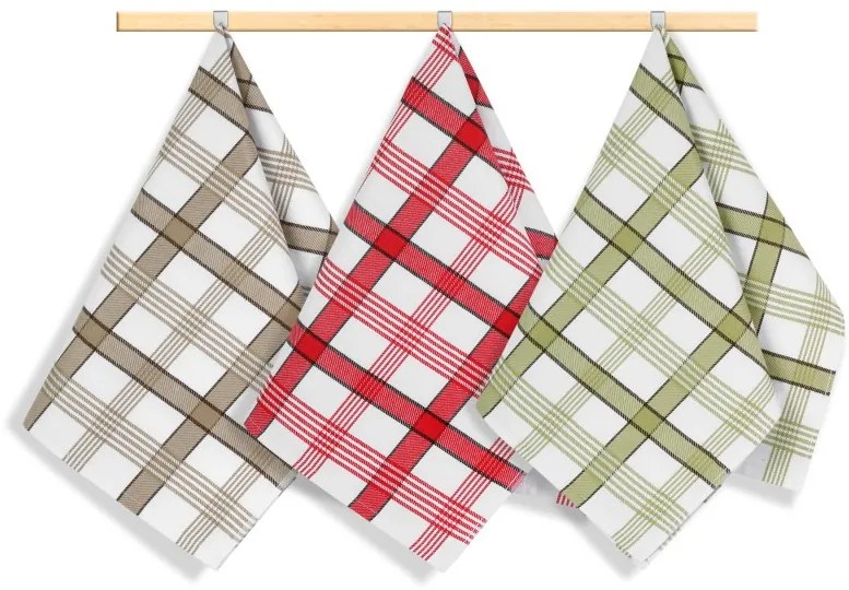 Bellatex Kuchyňské utěrky sada 3 kusů 50x70 cm Káro Béžová,Zelená,Červená