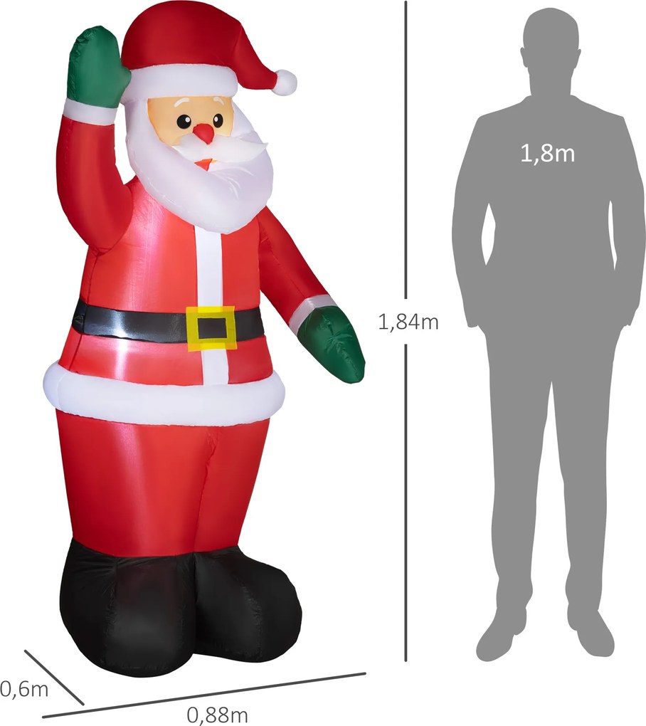 Outsunny Santa Claus, 1,84 m vysoký, s LED osvětlením, samonafukovací zahradní dekorace