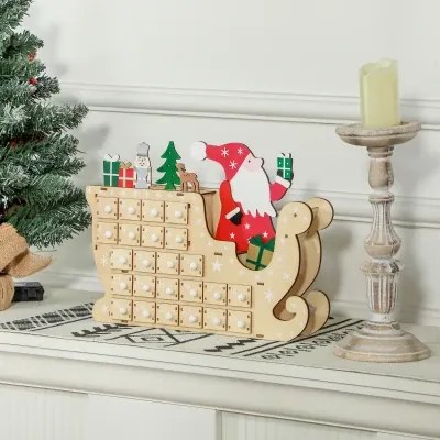 HOMCOM Adventní kalendář ze dřeva se 24 zásuvkami, opakovaně použitelný a doplnitelný adventní kalendář, 22,5 x 8 x 36 cm, přírodní