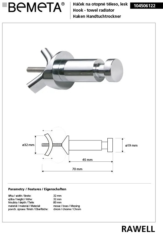 Bemeta Design RAWELL: Háček, na topné těleso, lesk - 104506122