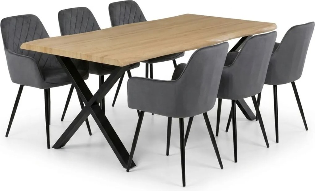 Vikio Jídelní set pro 6 osob 180x90 cm soft dub noha X šedá židle s područkami VJS228-6S