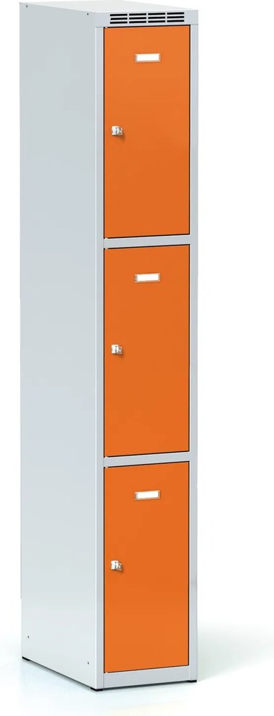 Šatní skříňka S6 s úložnými boxy, 3 boxy, 1800 x 300 x 500 mm, otočný zámek, oranžové dveře