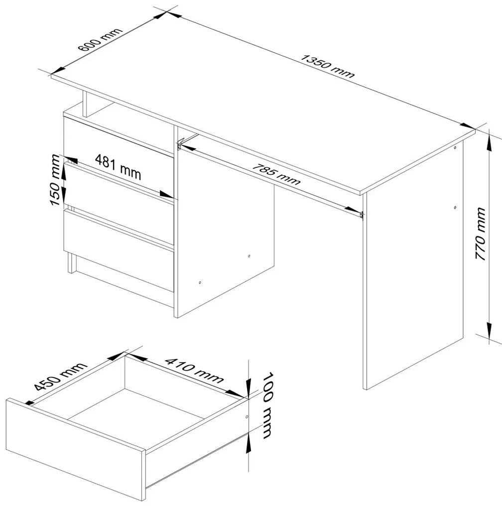 Volně stojící psací stůl CLP 135 cm bílý akryl vysoký lesk