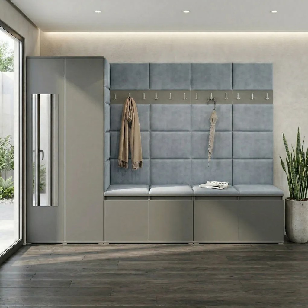 Předsíňová stěna Trinity 9 s čalouněnými panely, 290 cm, grafit/ šedá