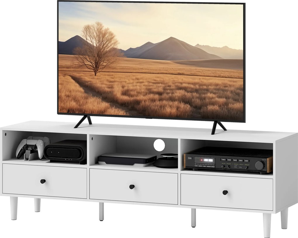 TV stolek HOMCOM s přihrádkami a šuplíky, 140 cm dlouhý TV konzole pro TV do 75 palců s úložným prostorem a organizací kabelů, bílý 140x34x45cm