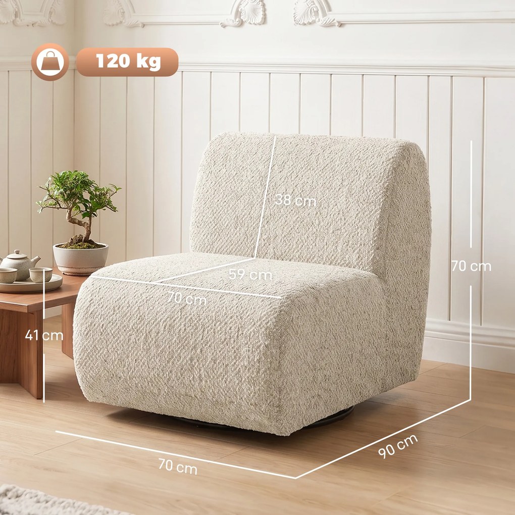 HOMCOM otočné obývací křeslo 360°, čalouněné jednosedací křeslo z chenillu s extra širokým sedákem, silné čalounění, béžová