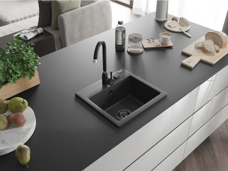Mexen Milo, granitový dřez 435x410x171 mm, 1-komorový, černá-skvrny s černým sifonem, 6505441000-76-B
