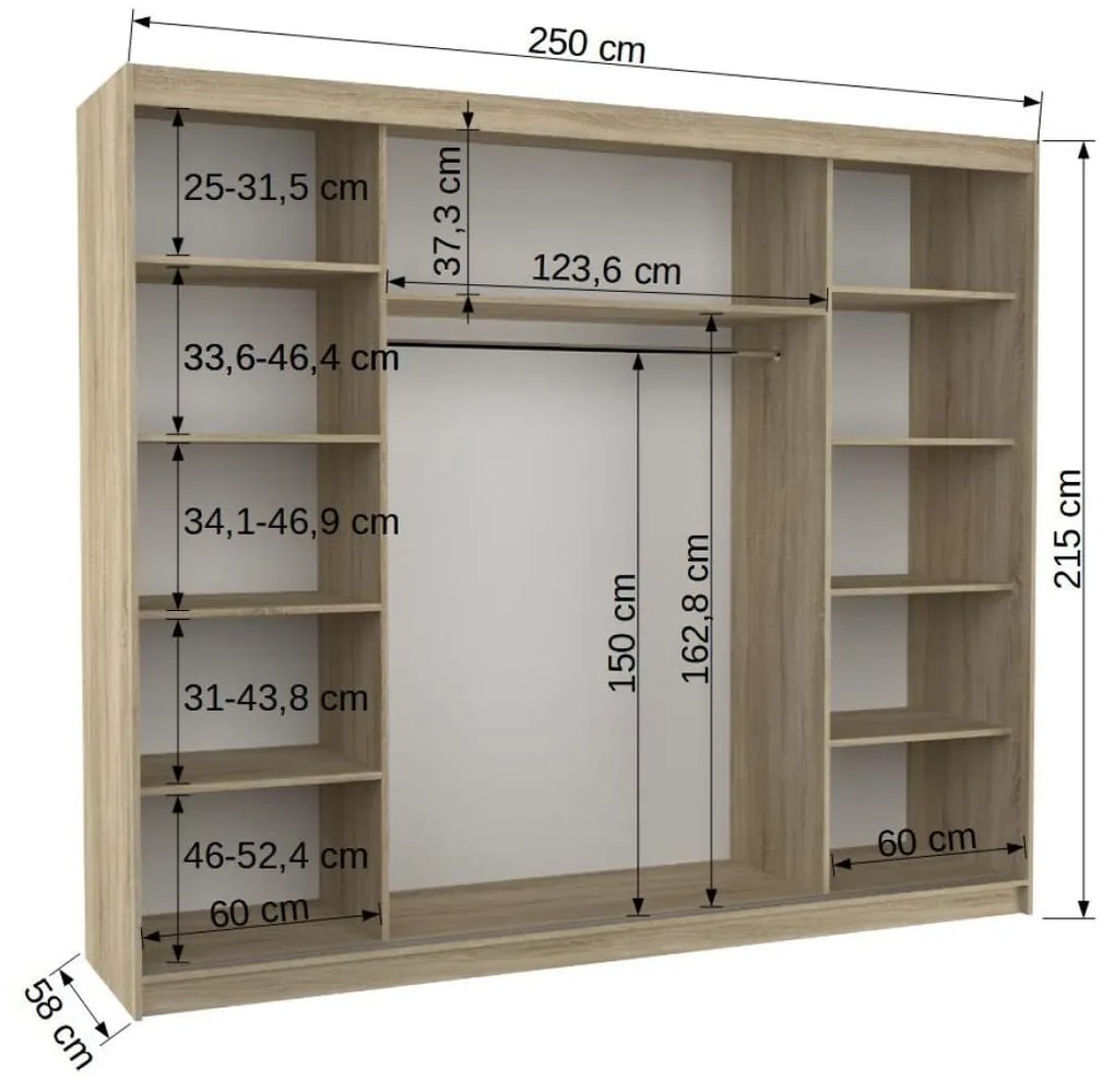 Šatní skříň s posuvnými dveřmi Antos - 250 cm Barva: Bílá/dub Sonoma