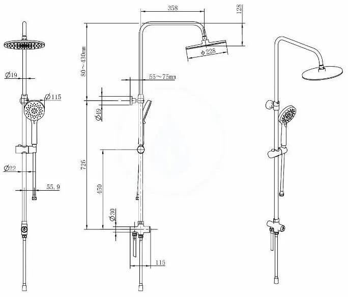 kielle Oudee Sprchový set s přepínačem, 228 mm, 3 proudy, matná černá ki_20602034
