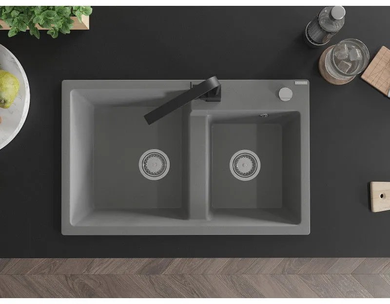 Mexen Tomas, granitový dřez 800x500x190 mm, 2-komorový a černá baterie Rita, šedá, 6516-71-670300-70