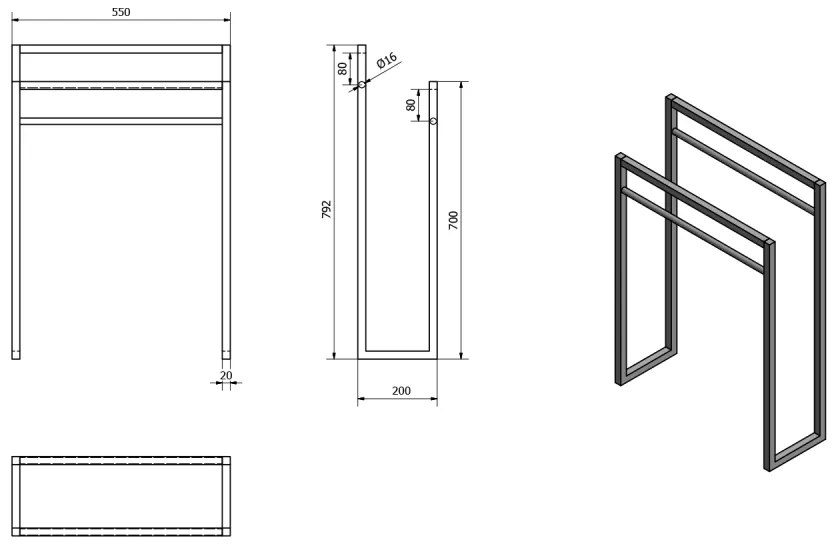 Sapho SKA stojan na ručníky 550x790x200mm, černá mat SKA301