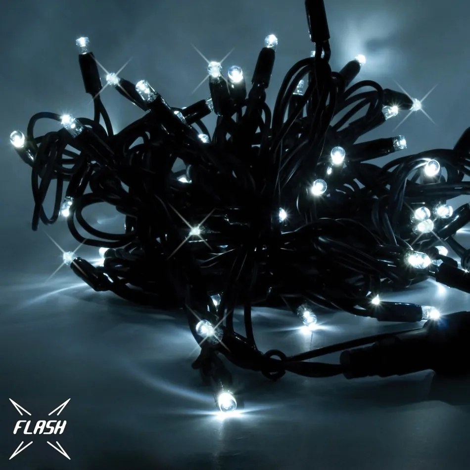Easy Fix LED světelný řetěz, 100 m, venkovní ledově bílá s FLASH, 600 diod, černý kabel, IP67, cívka