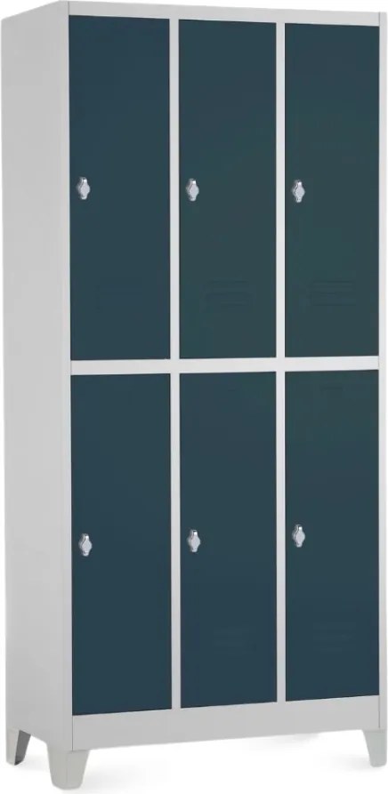 Kovová šatní skříňka - 6 boxů, 90 x 45 x 195 cm, pevné nohy, otočný zámek, antracitová - ral 7016