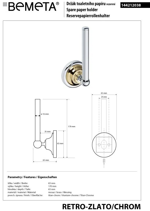 Bemeta Design RETRO gold-chrom: Držák toaletního papíru, rezervní - 144212038