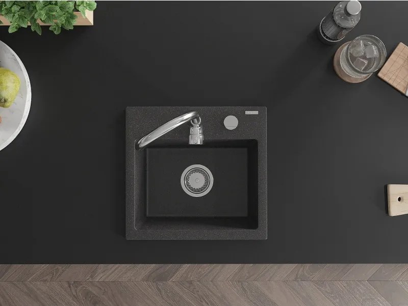 Mexen Milo granitový dřez s jednou komorou 435 x 410 mm, černý s tečkovaným vzorem, chromovaná sifon - 6505441000-76