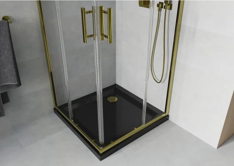 Mexen Rio, čtvercový sprchový kout s posuvnými dveřmi 90 (dveře) x 90 (dveře) x 190 cm, 5mm čiré sklo, zlatý profil + černá sprchová vanička SLIM, 860-090-090-50-00-4070G