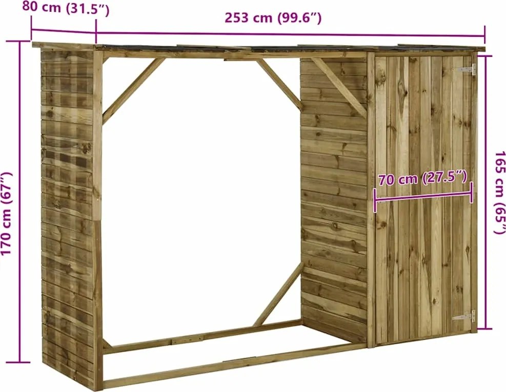 vidaXL Zahradní kůlna na dříví a nářadí borovice 253 x 80 x 170 cm [45137]