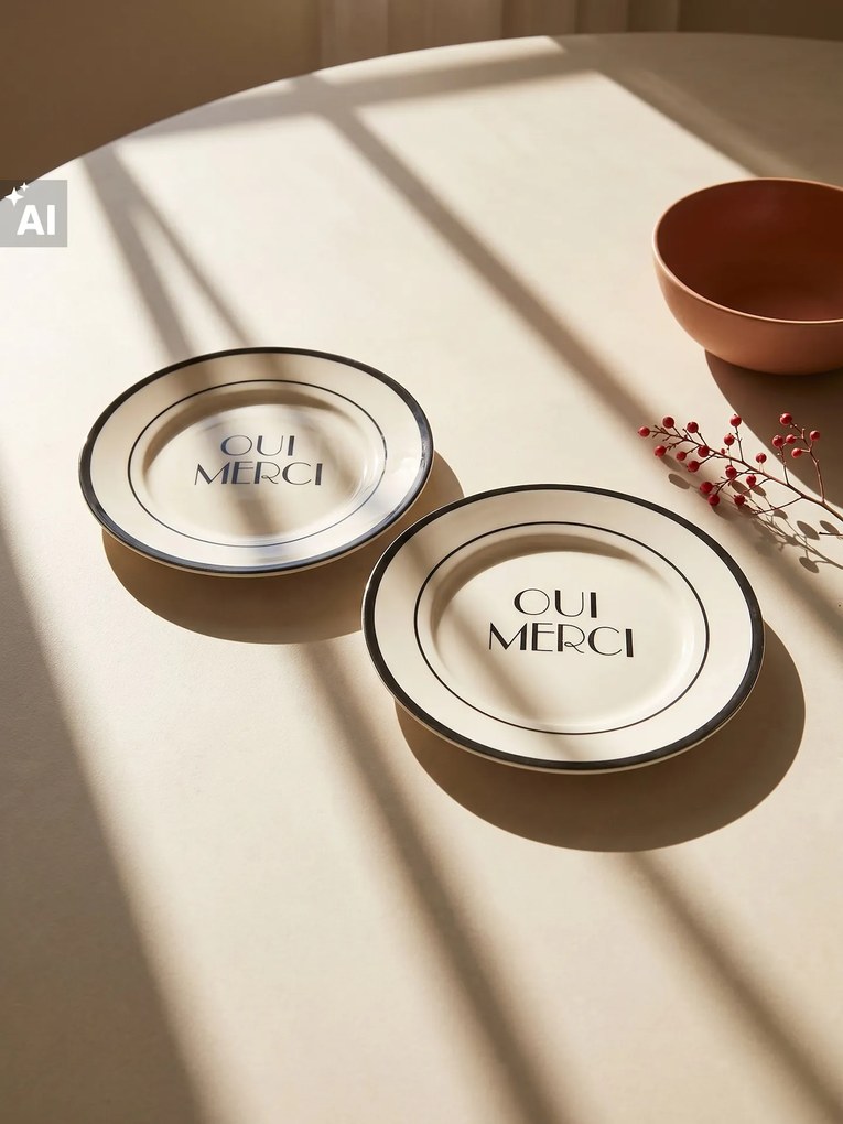 Sinsay - Keramické talíře s nápisem Oui Merci 2 pack - vícebarevná