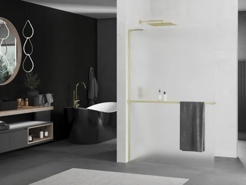 Mexen Kioto+ L, sprchová zástěna Walk-In s poličkou a věšákem 80 x 200 cm, 8mm sklo námraza, zlatý matný profil, 800-080-123-55-30