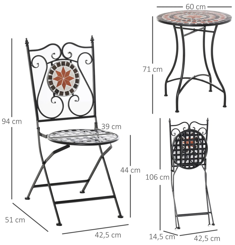 Outsunny zahradní set balkonový nábytek pro 2 osoby s mozaikovým stolem a 2 skládacími kovovými židlemi, vícebarevný pro zahradu a terasu | Aosom.de