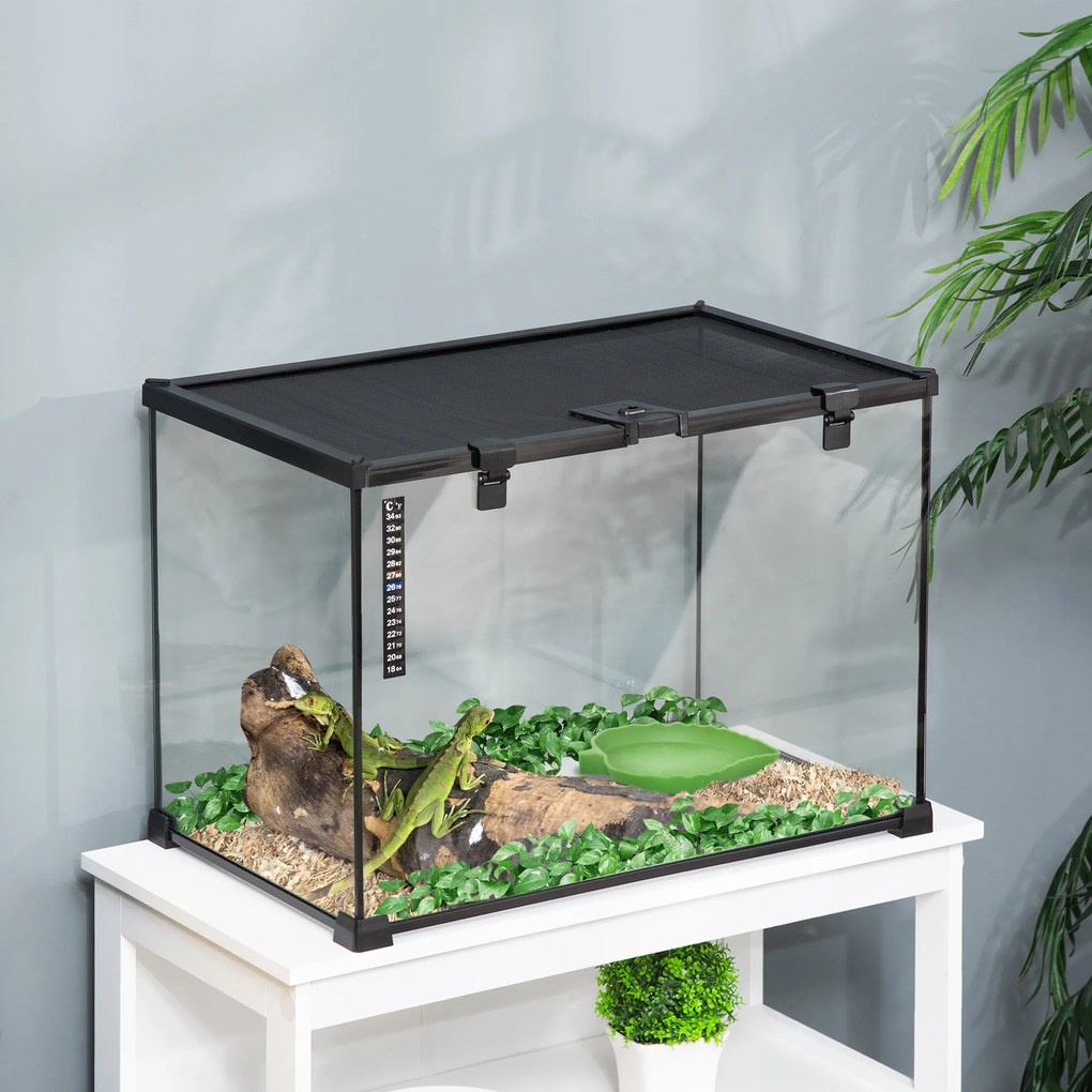 PawHut terárium pro plazy 50 x 30 x 35 cm, skleněný teráriový box pro chov plazů, kovová konstrukce