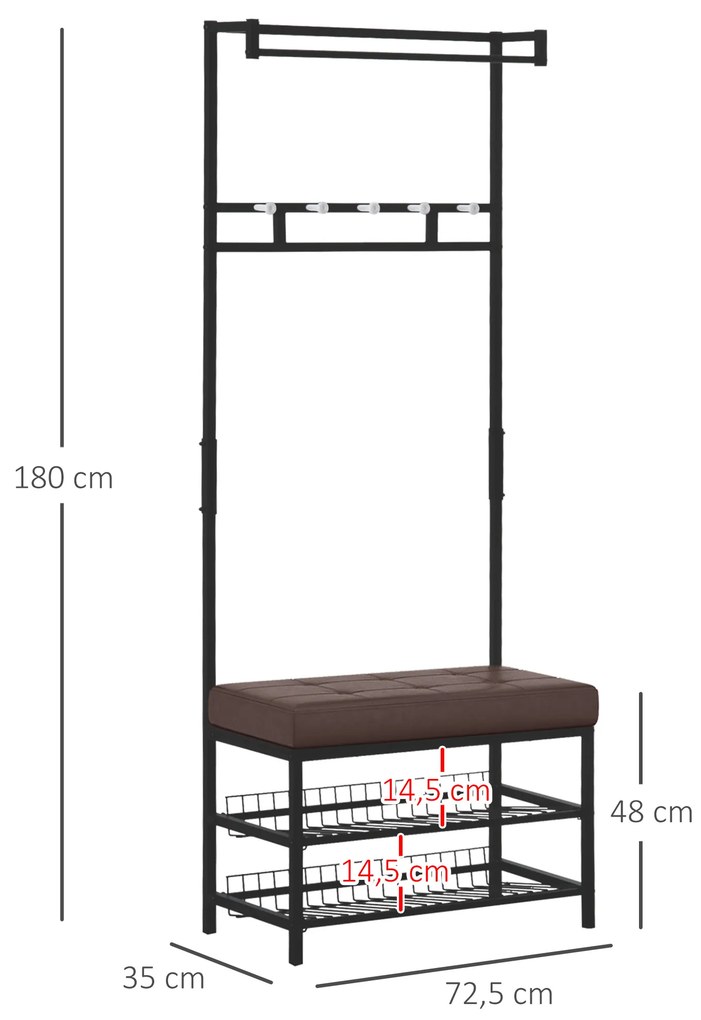 HOMCOM Věšák s lavicí Věšák na oděvy Kovové 2 botníky Sedák 72,5x35x180cm do předsíně a vstupní haly