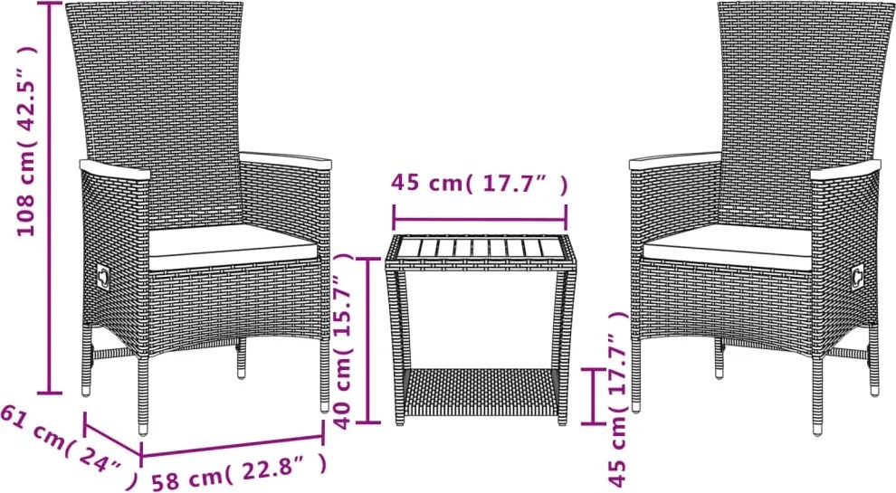 3dílný zahradní jídelní set s poduškami černý polyratan 3277540