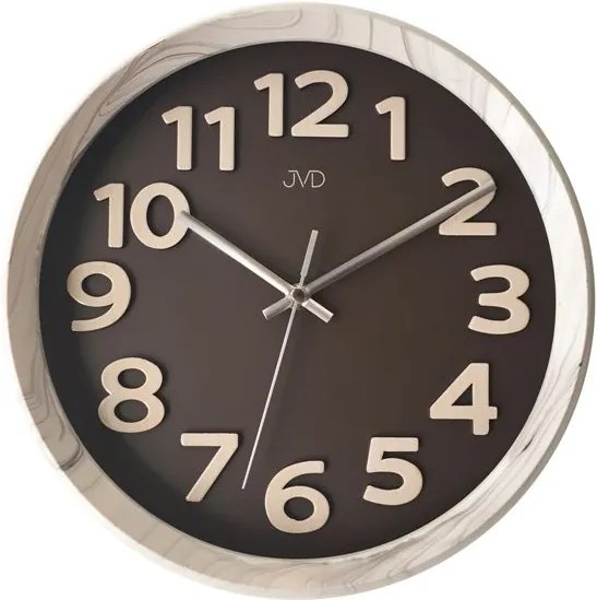 Nadčasové plastové nástěnné designové hodiny JVD HT073.4 v imitaci dřeva