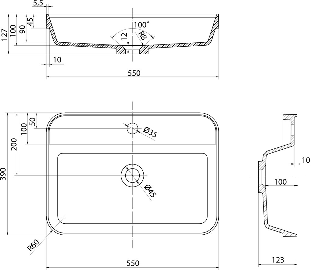 Sapho Sapho, BRAHEA zápustné umyvadlo, Rockstone, 55x39 cm, bílá mat, BE755