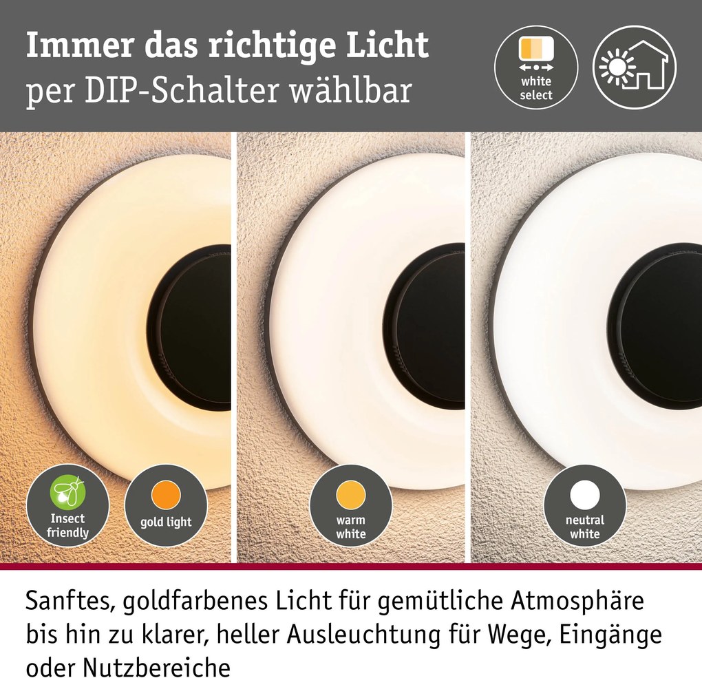 P 94955 LED venkovní nástěnné svítidlo Aureva IP65 kruhové 220mm 2200 - 4000K 20,5W 230V antracit/bílá polykarbonát - PAULMANN